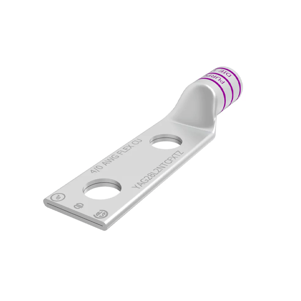 Burndy: 4/0 Flex Lug, 2 Hole, 1/2" Stud, 1-3/4" Spacing, No Window, Tin ...