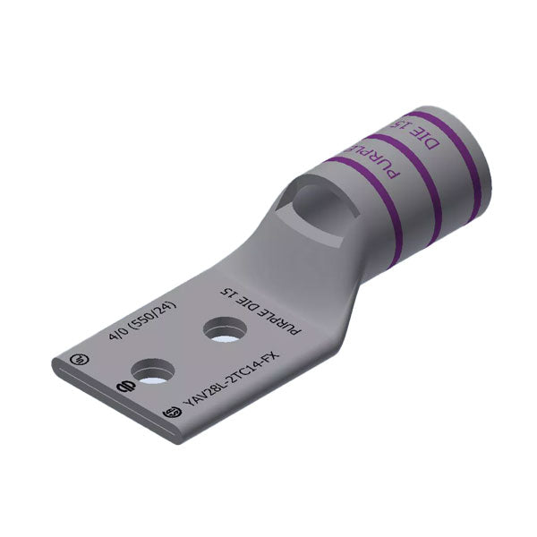 Burndy: 4/0 Flex Lug, 2 Hole, 1/4" Stud, 5/8" Spacing, Window for Telcoflex